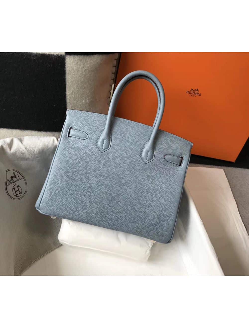 Hermes GHW " Birkin " - Blue Lin Clemence 30cm Leather Bag