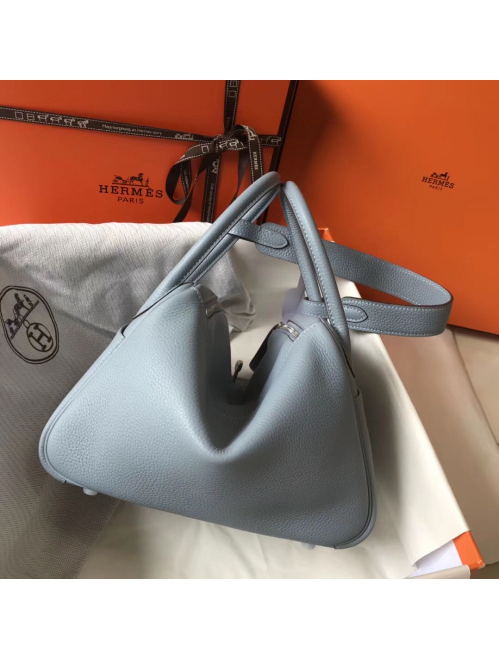 Hermes PHW " Lindy Blue Lin Clemence " 30cm Leather Bag
